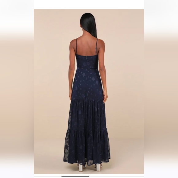 Lulus | Dresses | Poised Grace Navy Blue Burnout Floral Bustier Tiered Maxi Dress | Poshmark